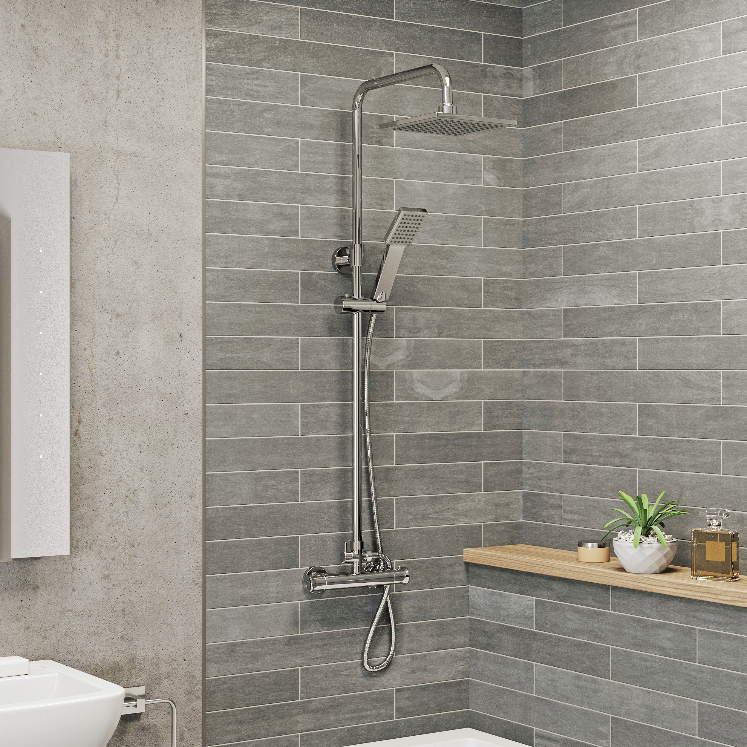 Bathroom Thermostatic Mixer Shower Set Square Chrome Twin Head Exposed